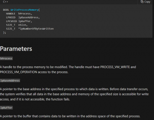 Now let’s take a step back. The function WriteProcessMemory in MSDN is described as: